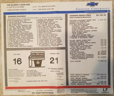 1995 CHEVROLET BLAZER ORIGINAL MSRP WINDOW STICKER | eBay