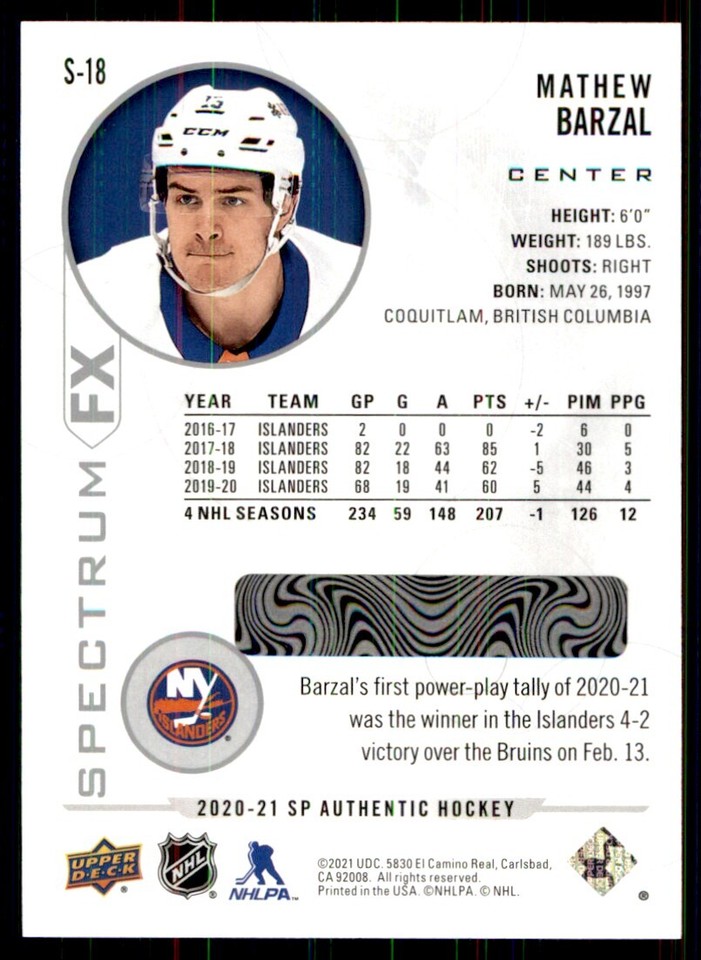 2020-21 SP Authentic Spectrum FX Mathew Barzal #S18 | eBay