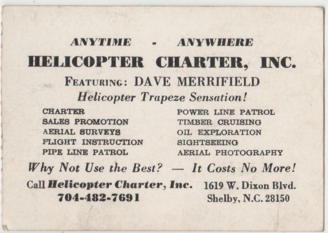 70s Helicopter Charter Card Shelby NC Dave Merrifield Trapeze ...