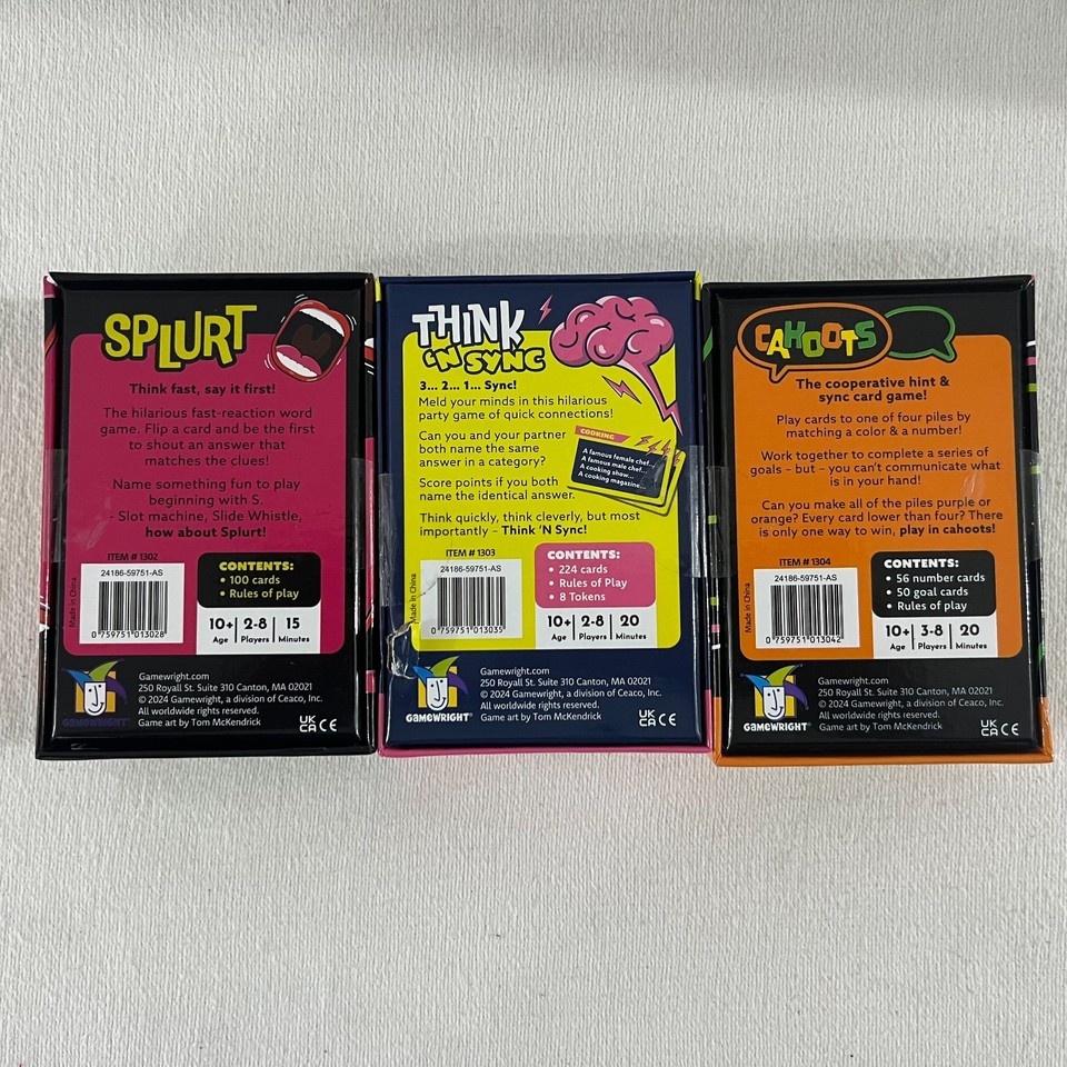 Lot of 3- SPLURK!, THINK 'N SYNC & CAHOOTS Gamewright Travel Card Games ...