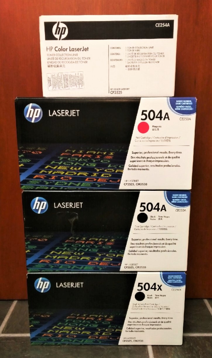 New 3 HP 504X CE250X, 504A CE250A Black CE254A Magenta Toner Cartridges ...