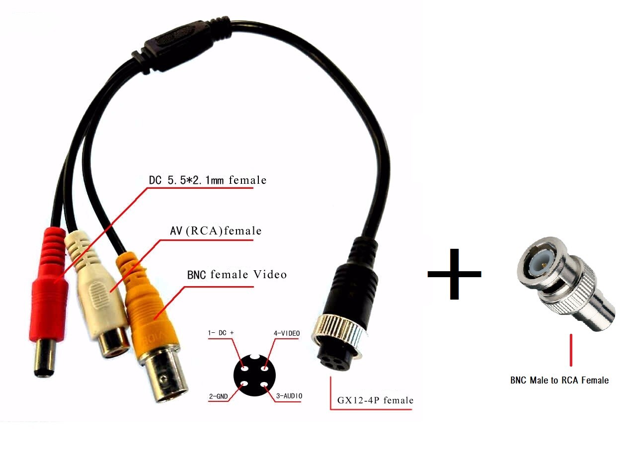 CCTV 4 PIN Aviation to BNC RCA cable with Video, Audio and DC Power ...
