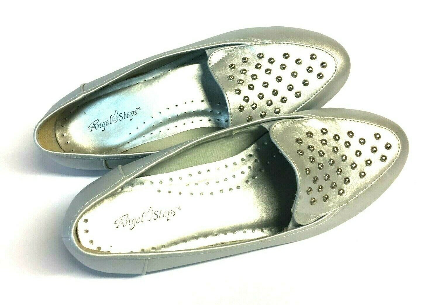 Angel Steps Shoes Slip On Casual Dressy Flat Silver Studs Cute Comfy ...