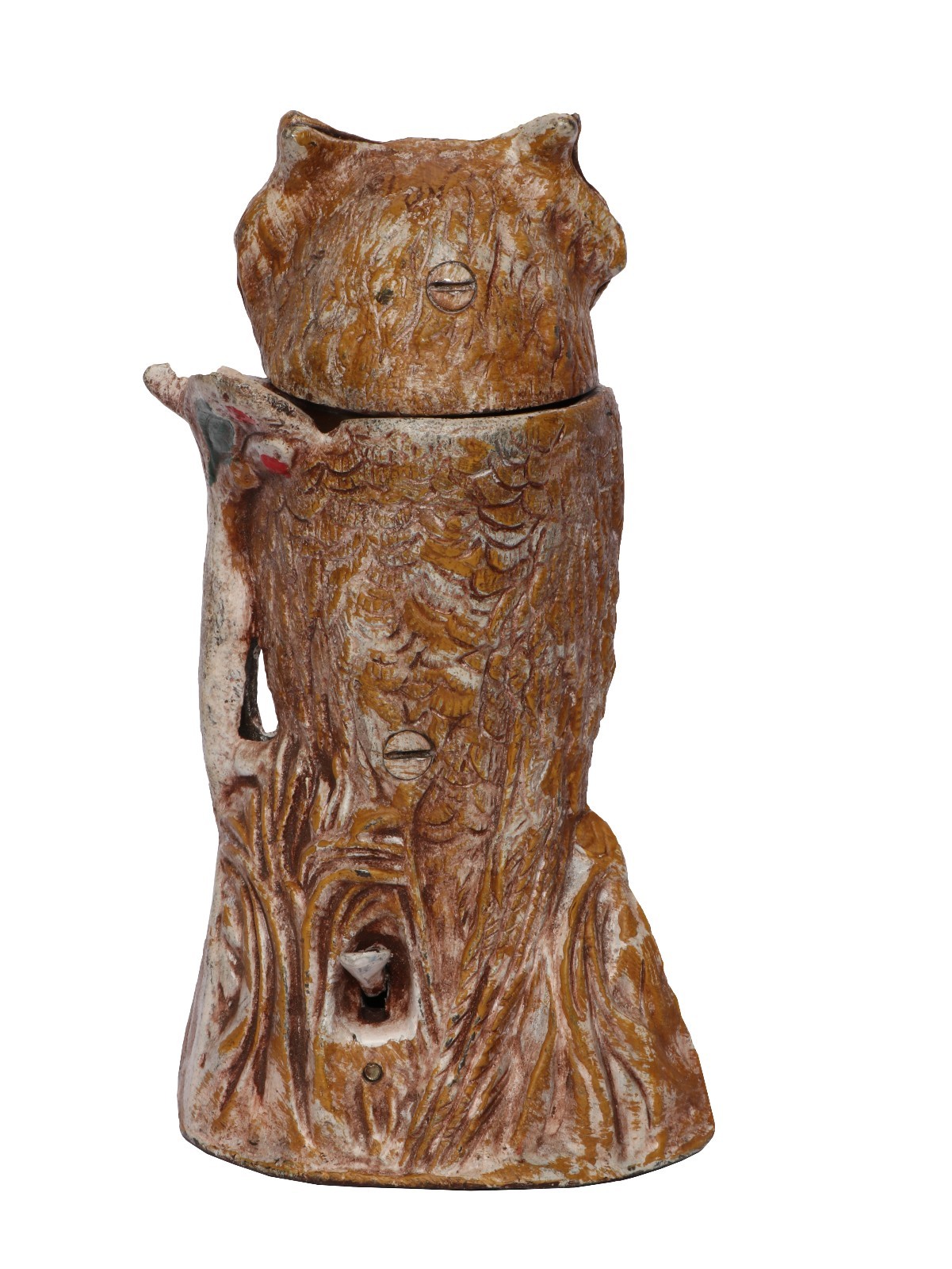 MONEY BANK ANTIQUE /VINTAGE STYLE CAST IRON MECHANICAL WHITE OWL, Turns ...