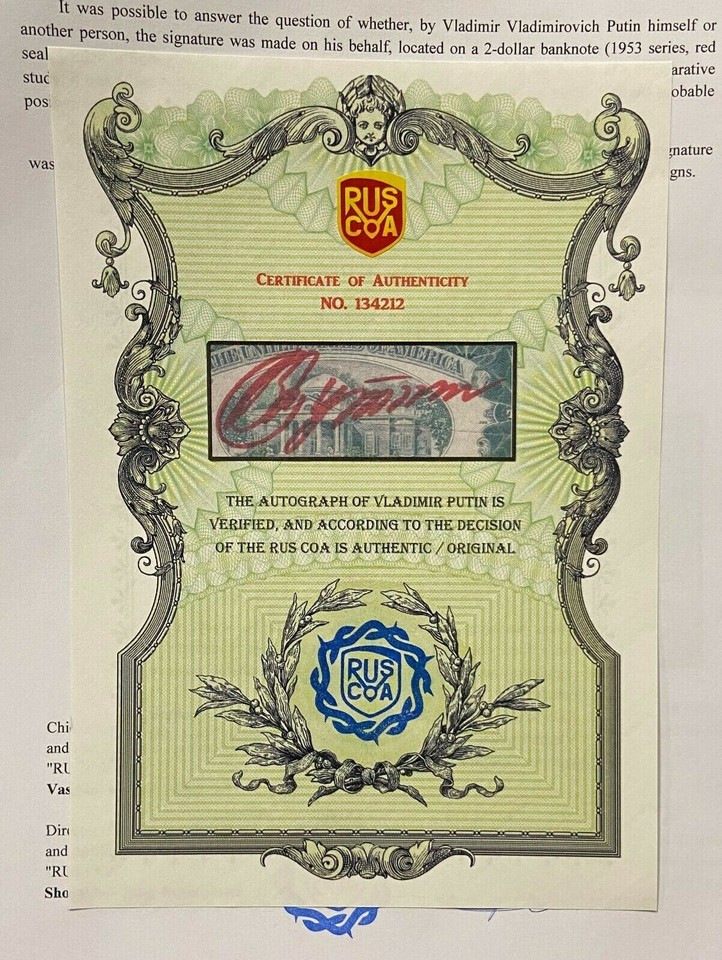 Autograph Vladimir Putin Signed $2 Banknote – RUS COA Expert ...