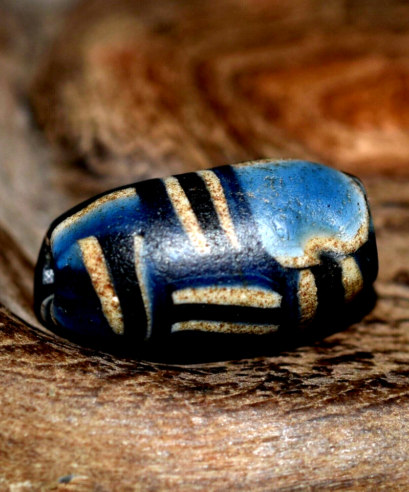 Ancient Islamic Excavated Blue & White Glass Ribbon Bead Mali, African ...