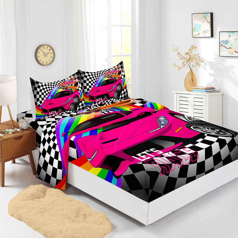 Racing Team Speed Cars Bed Decor Fitted Sheet Set Single/Double/Super ...
