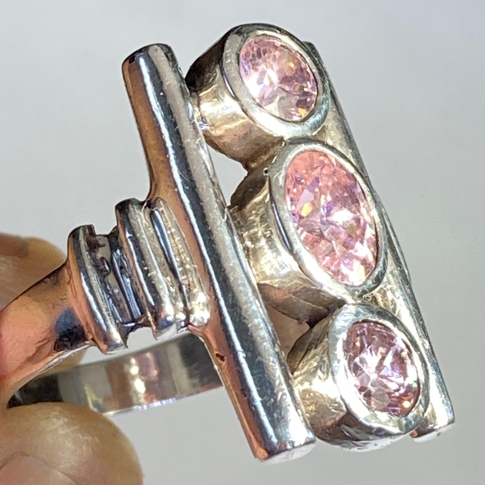 Art Deco Three Stone Pink Ice Ring Vintage 1980s Sterling Silver 925 ...