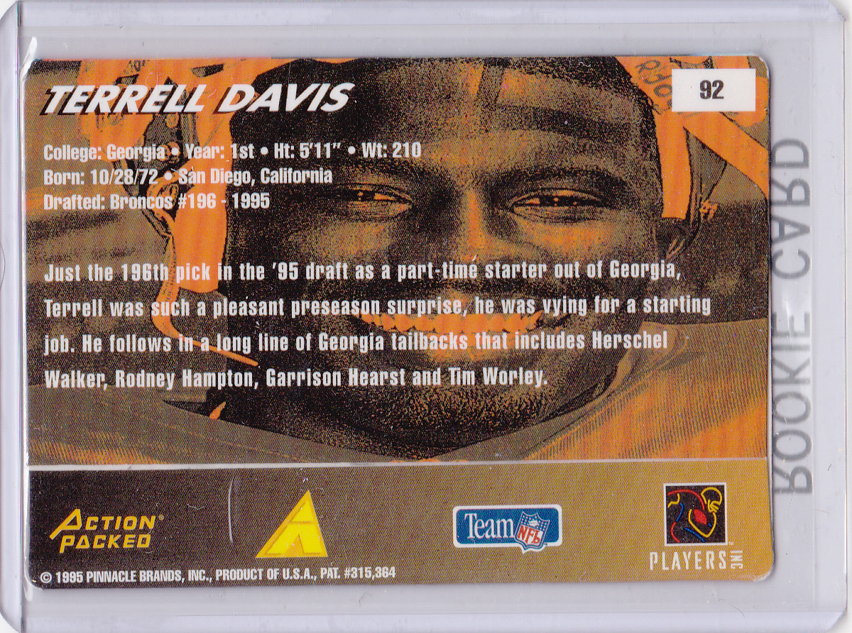 TERRELL DAVIS ROOKIE CARD Denver Broncos 1995 Action Packed FOOTBALL ...