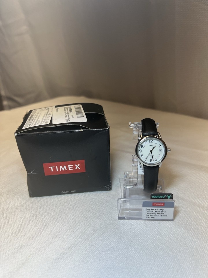 Timex T2H331, Women's Easy Reader, Black Leather Watch, Indiglo, Date ...