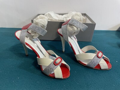 NEW POLETTO Women Red White Silver Shoe Strappy Sandal Heel Pump Sz 37 ...