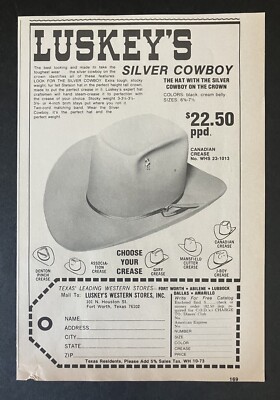 1973 Luskey's Silver Cowboy Hat Choose Your Crease B&W Vintage Print Ad ...