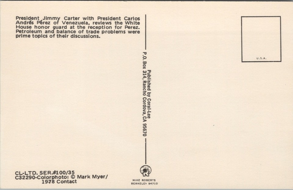 President Carter Perez Venezuela White House Honor Guard 1978 Postcard ...