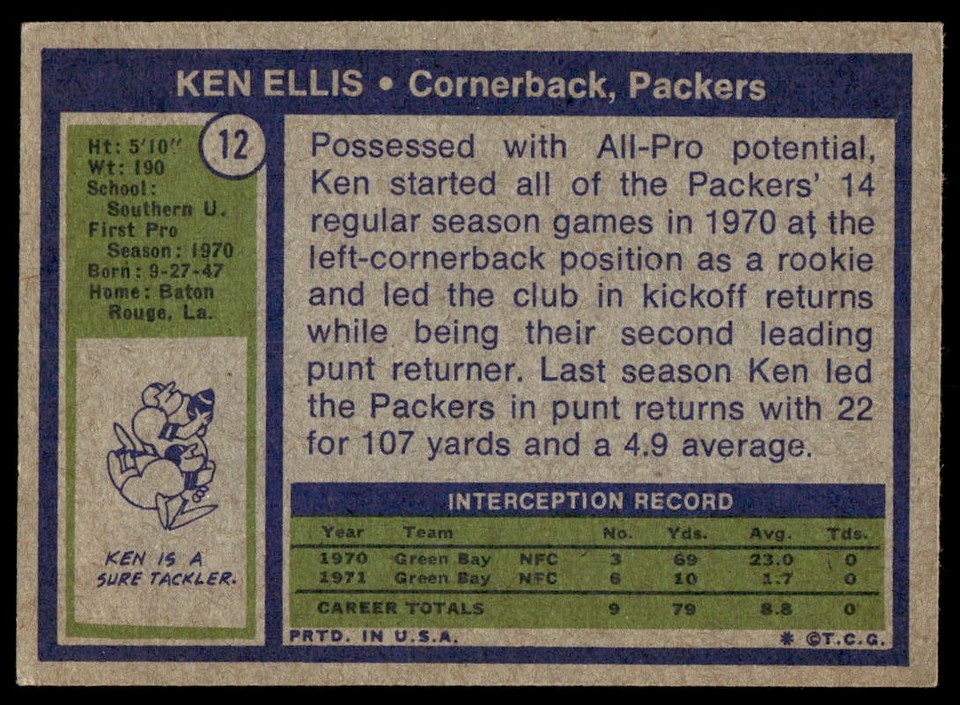 1972 Topps Ken Ellis #12 Green Bay Packers | eBay