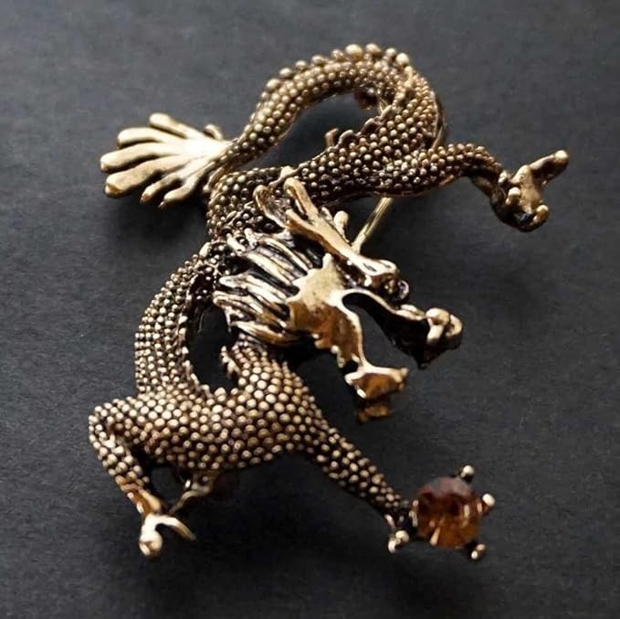 Gold Dragon Brooch Pin Vintage Chinese Style Mythical Creature Badge ...