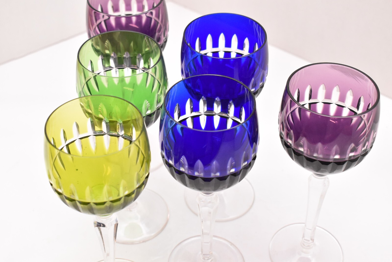 SET 6 BOHEMIAN CZECH CUT TO CLEAR Multi Color WINE HOCKS GOBLETS ...