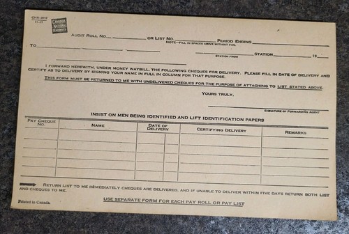 1925 CN Rail Pay Cheque Audit Form Pad ORIGINAL CANADIAN NATIONAL ...