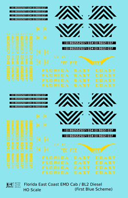 K4 HO Scale Decals Florida East Coast BL2, Cab Diesel Yellow First Blue ...