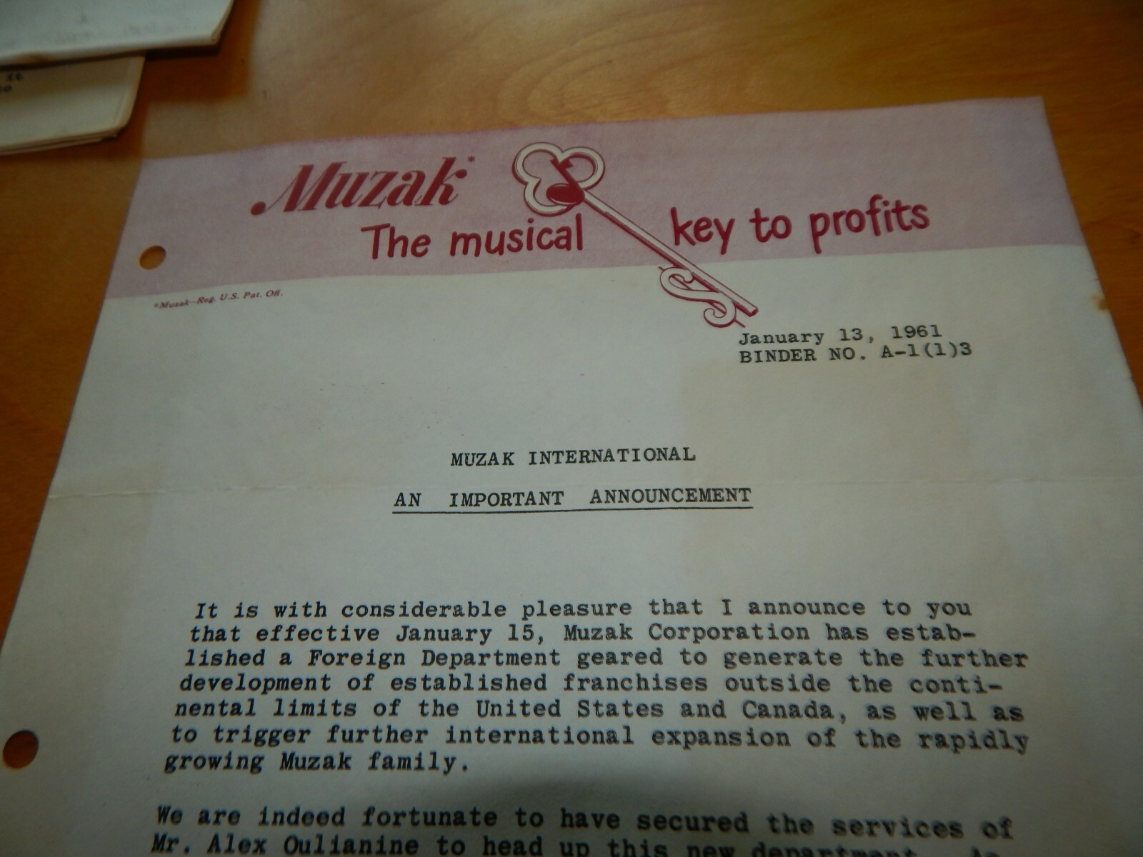 MUZAK INTERNATIONAL THE MUSICAL KEY TO PROFITS LETTER/CORRESPONDENCE ...