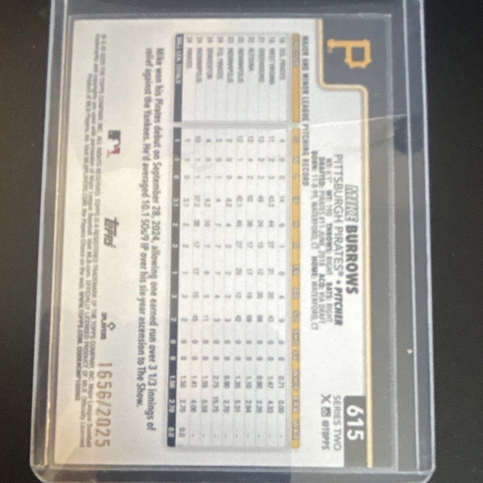Topps 2025 Series 2 Gold Rookie Mike Burrows #615 Pittsburgh Pirates ...