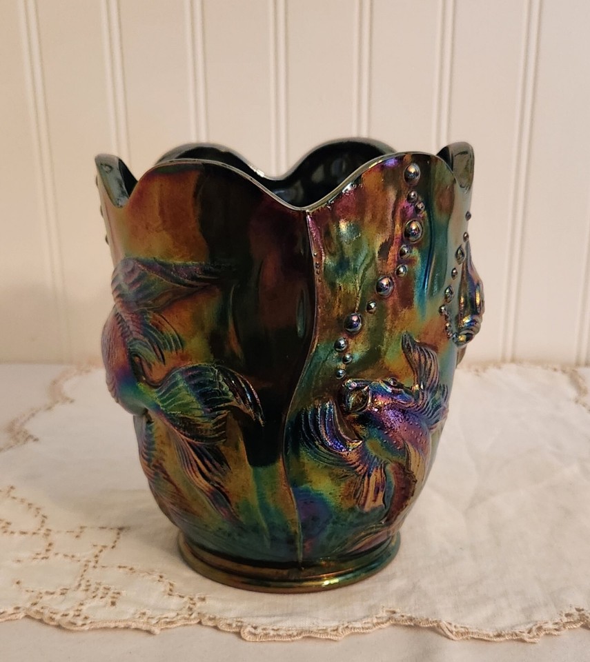 Fenton ATLANTIS Koi Goldfish Vase Planter Iridescent Amethyst Carnival ...