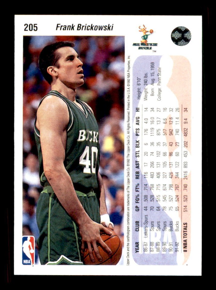 1992 Basketball Upper Deck Frank Brickowski Milwaukee Bucks #203 7 | eBay