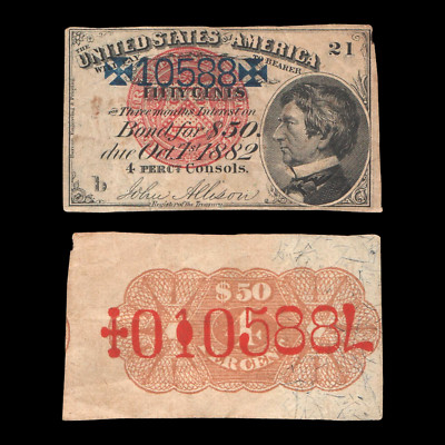 1882 $50 Fifty Dollar Consol Bond 50c Fifty Cent 4% Quarterly Interest ...