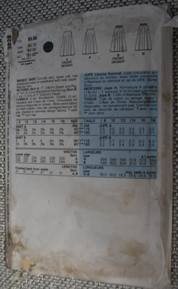 Butterick Pattern 3828 Misses' Lower Calf Circular Skirt 2 Styles Sz 8 ...