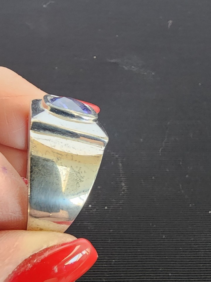 Vintage Mens RP925 China Sterling Silver Ring CZ Purple Stone Bezel Set ...