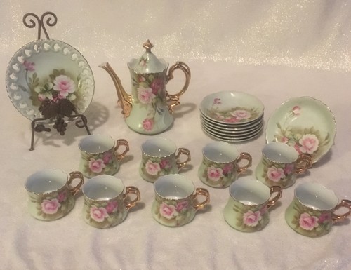 Vintage Lefton China Heritage Green Pink Roses Tea Set Hand Painted 19 ...