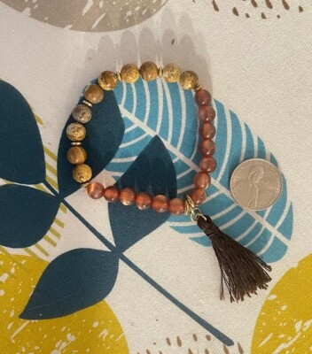 Brown Picture jasper & cats eye hand made stretch tassel bracelet Boho ...