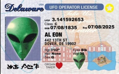 Alien A. Leon UFO Operator's License ID Delaware Made On Metal | eBay