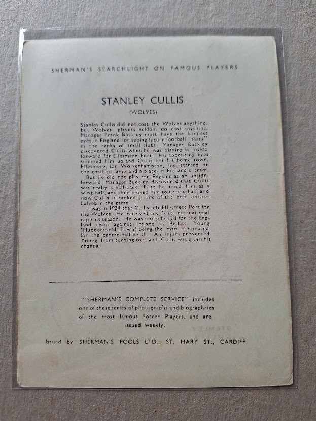 STAN CULLIS WOLVES 1937 SHERMAN'S SEARCHLIGHT ON FAMOUS PLAYERS CARD ...