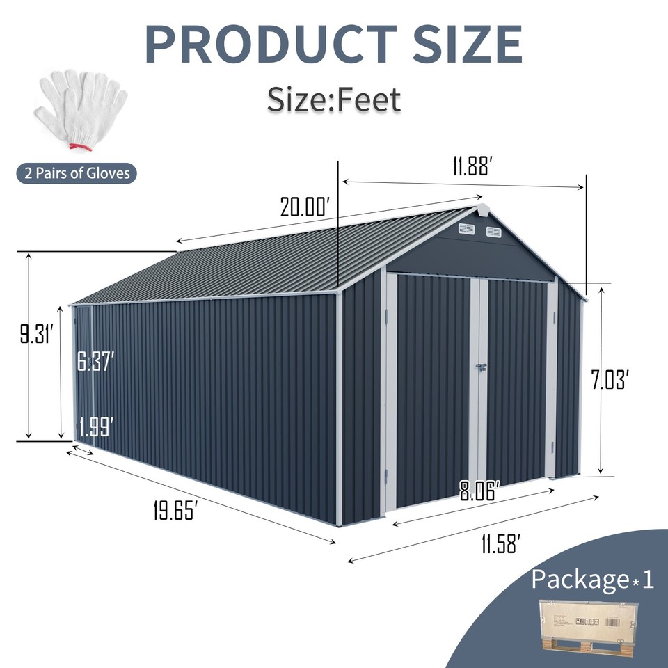 20x12 FT Heavy Duty Outdoor Storage Shed Metal Garage Shed Backyard for ...