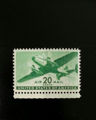 1941 20c Twin-Motored Transport Plane, Air Mail, Green Scott C29 Mint F ...