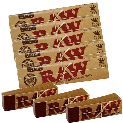 5 GENUINE RAW Classic King Size Slim Rolling Papers & 3 RAW Roach Tips ...