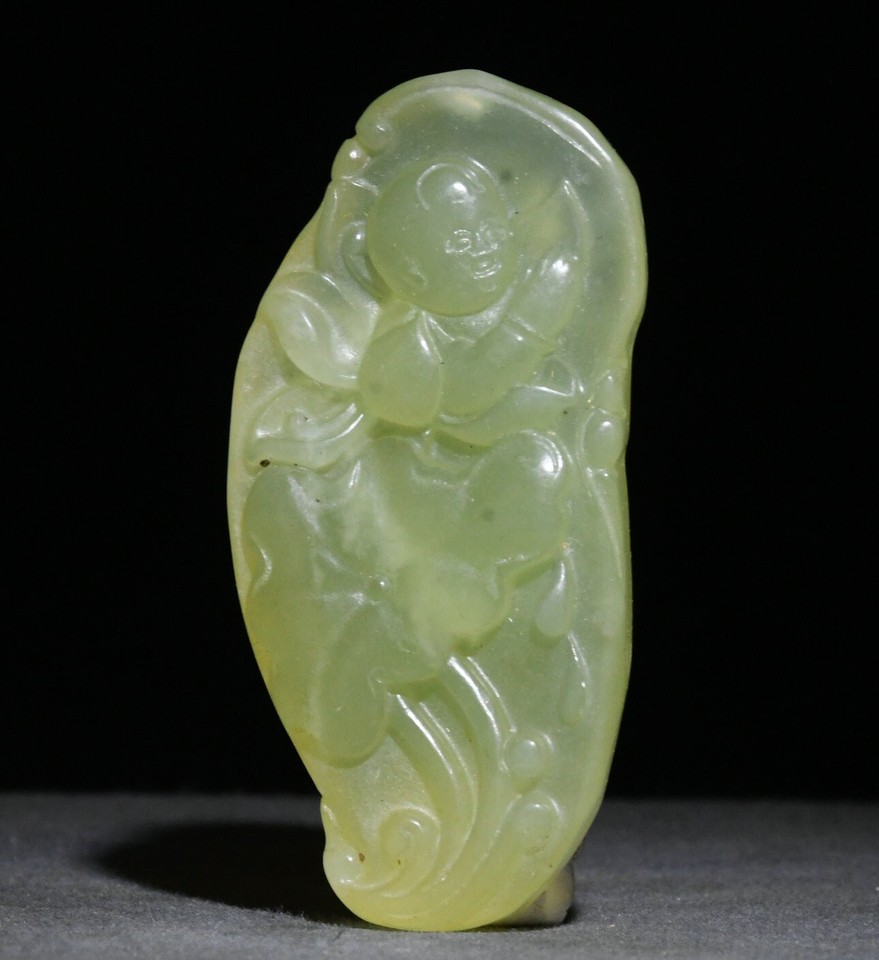 Chinese Dynasty Old Green Jade Carve Lotus People Tongzi Kid Boy Amulet ...