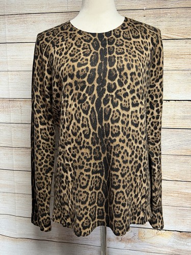 Only Mine 100% 2-Ply Cashmere Leopard Print Cardigan Sweater L Round ...