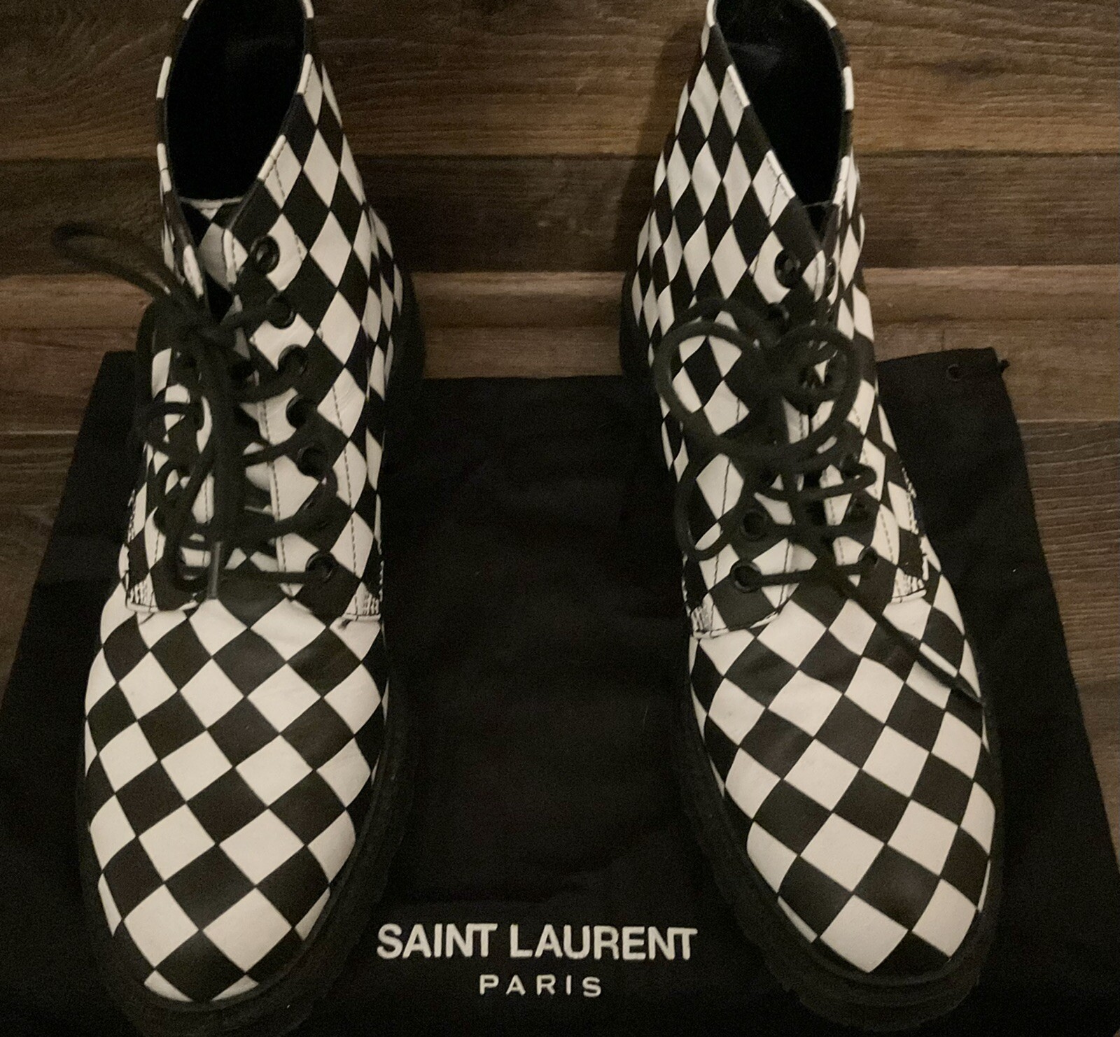 Saint Laurent Black White Lace Up Checkered Boots Siz… - Gem
