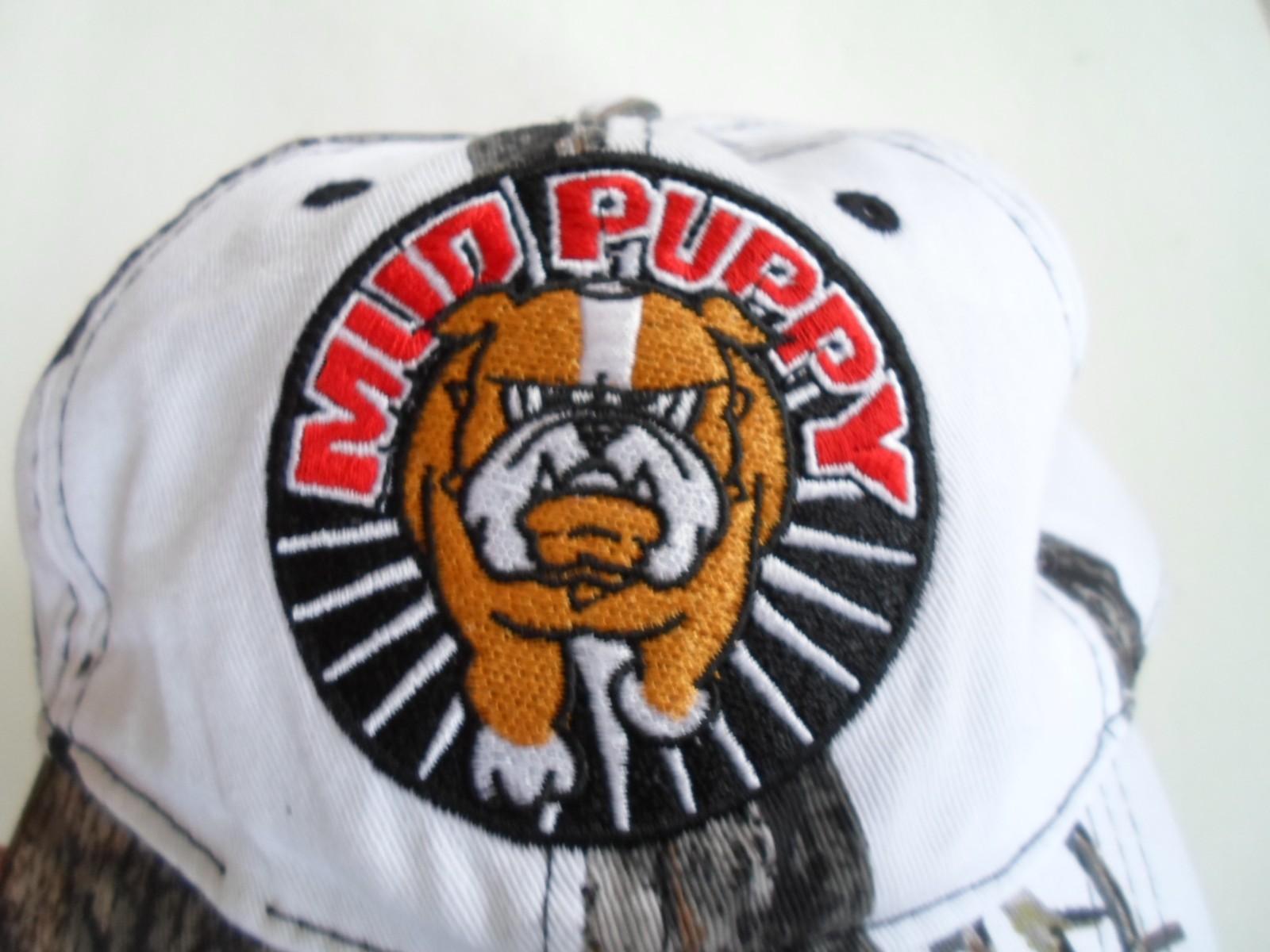 DISTRESSED MUD PUPPY EMBROIDERED BULL DOG ADJUSTABLE HAT CAP, SNOW CAMO ...