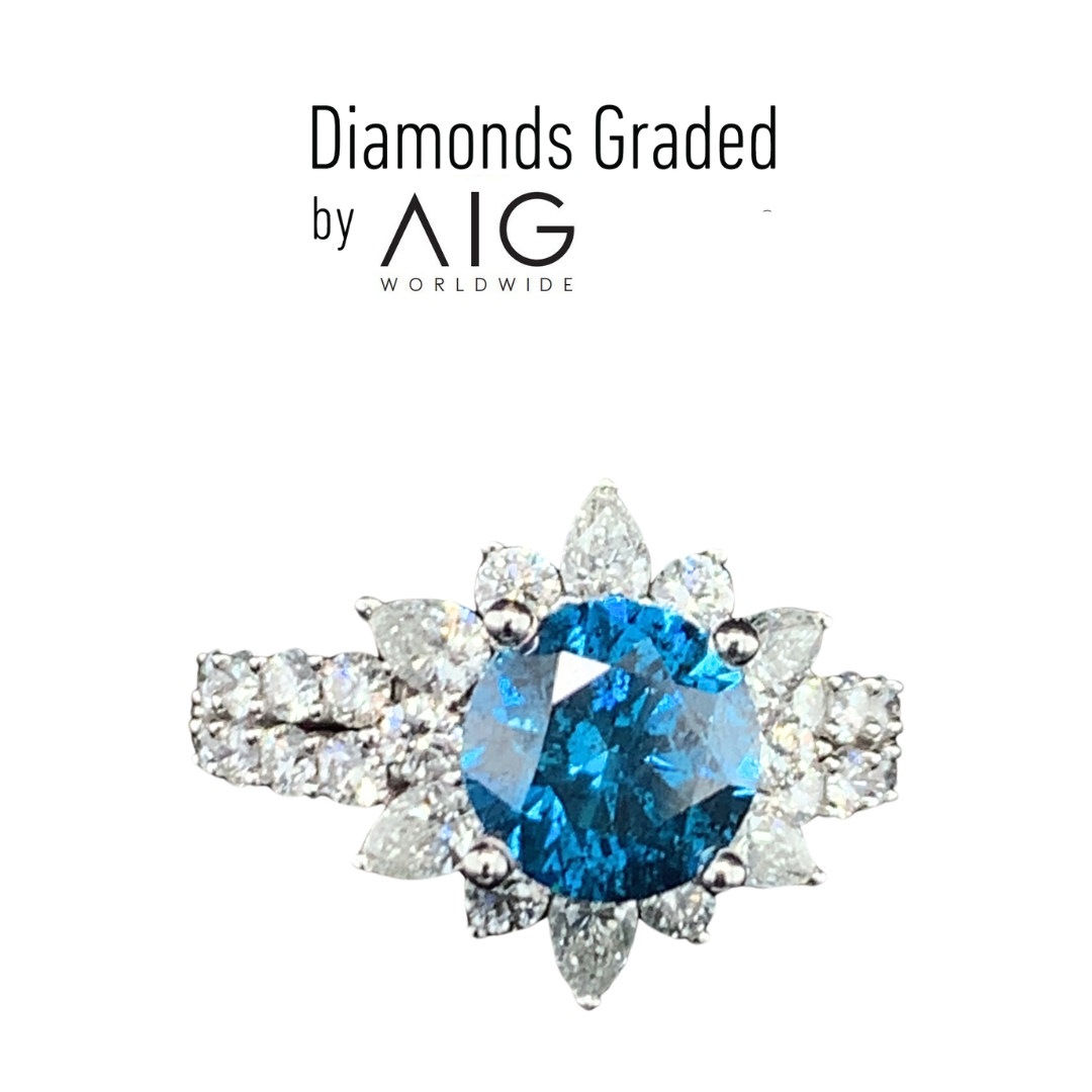 AIG Certified 4.25 CT Fancy Vivid I1 Diamond Ring Round Cut 18K White ...
