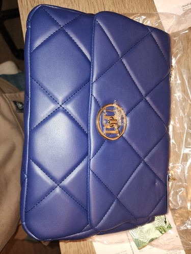 BMH Navy Quilted Shoulder Bag Logo Accent Chain Strap Gold Hardware | eBay