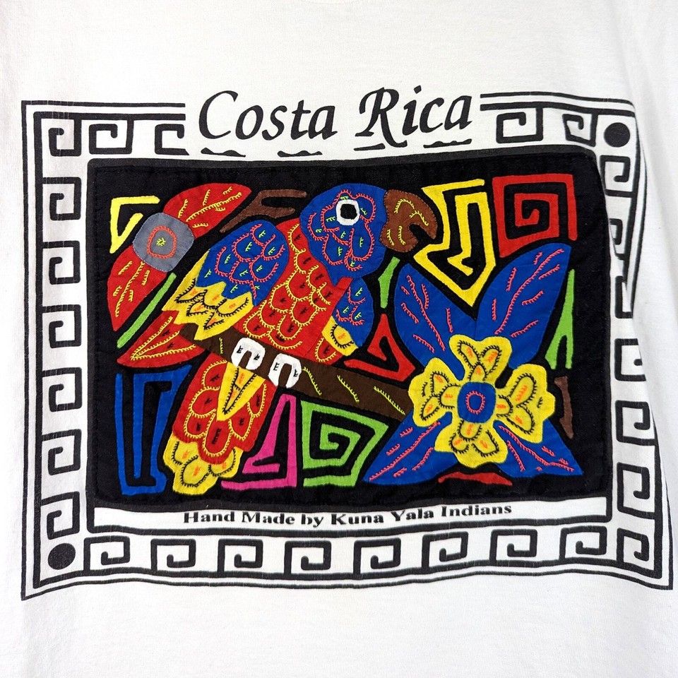 Vintage Costa Rica Handmade Embroidered Tee T-Shirt Quilt Applique Bold ...