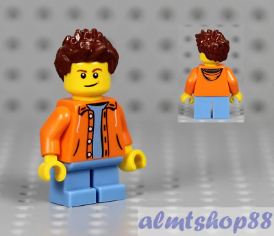 LEGO - Boy Kids Minifigure w/ Orange Jacket over Sweater & Brown Spiked ...