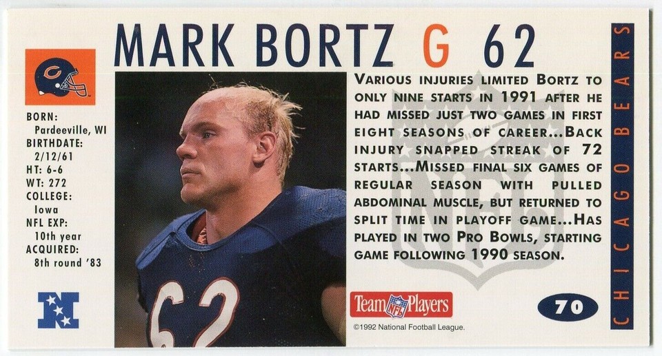 1992 GAMEDAY - FOOTBALL TALL-BOY Trading Card #70 - MARK BORTZ, Chicago ...