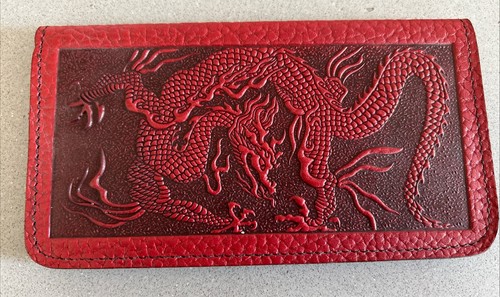 OBERON DESIGN Tan Hand-Tooled Red Leather DRAGONS Checkbook Cover 6.5 x ...