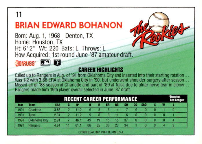 1992 Donruss The Rookies #11 Brian Bohanon | eBay