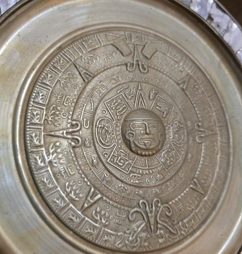 8" Vintage Abalone Mother Pearl Mexican Aztec Calendar Brass Hanging ...