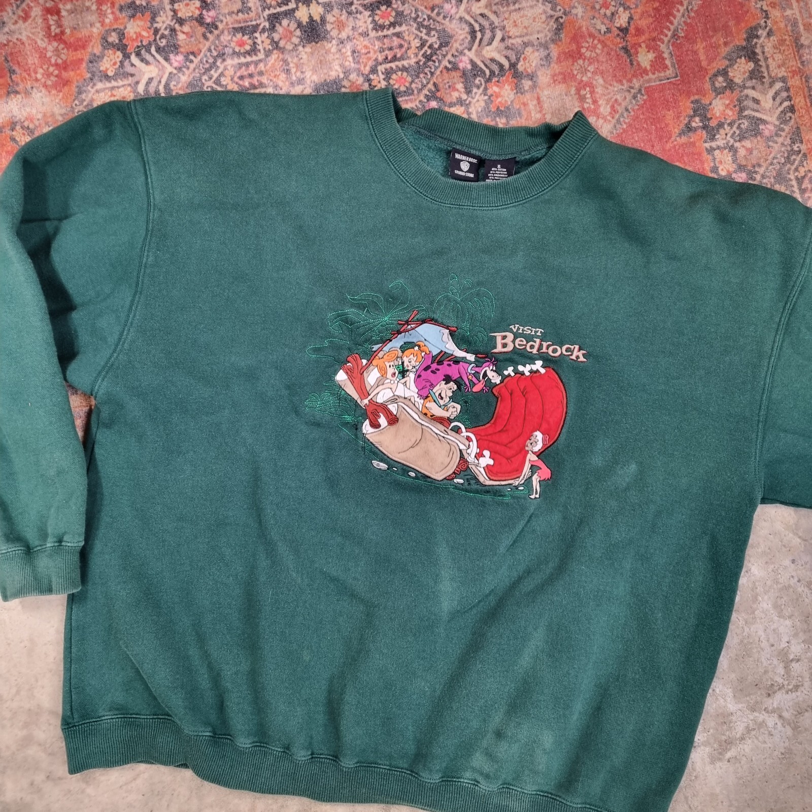VTG 90 Flintstones Cartoon Warner Embroidered Crewnec… - Gem VTG 90 Flintstones Cartoon Warner Embroidered Crewnec… - Gem