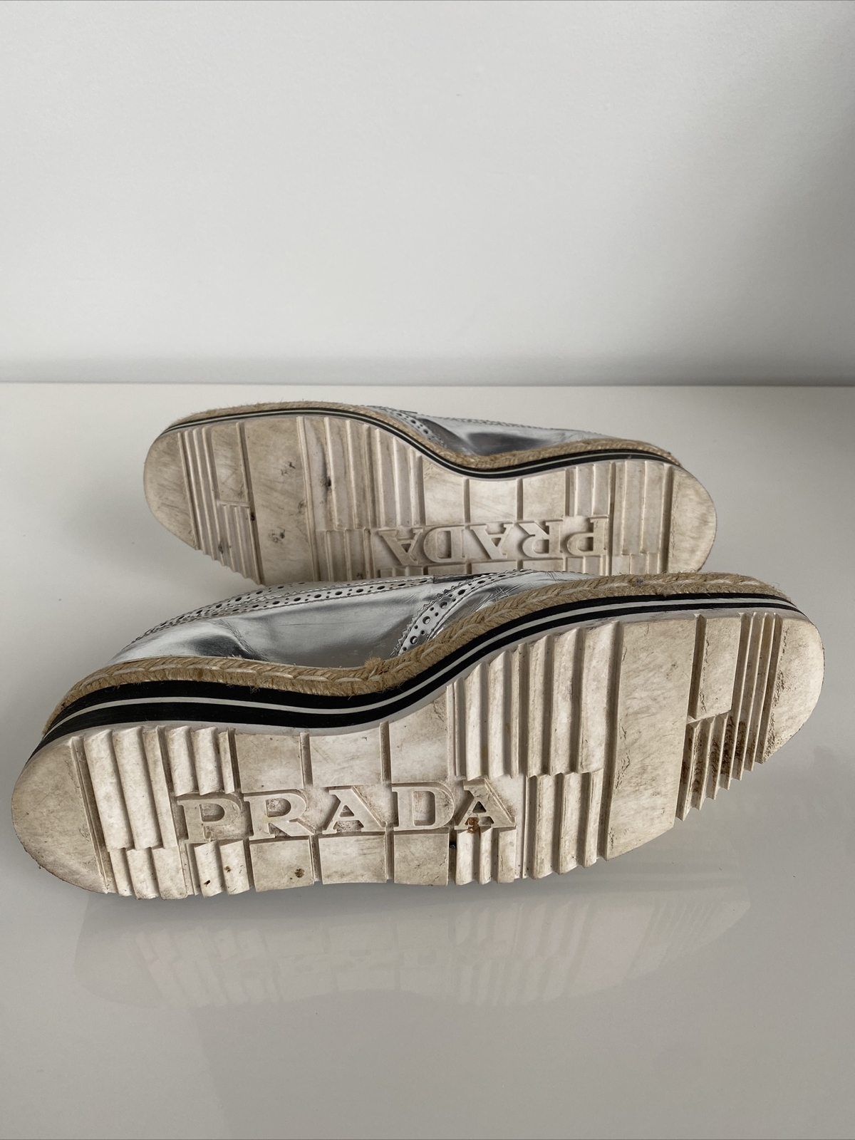 PRADA SS 2011 Silver Leather Brogues Derby Espadrille Creeper Sz 37/US ...